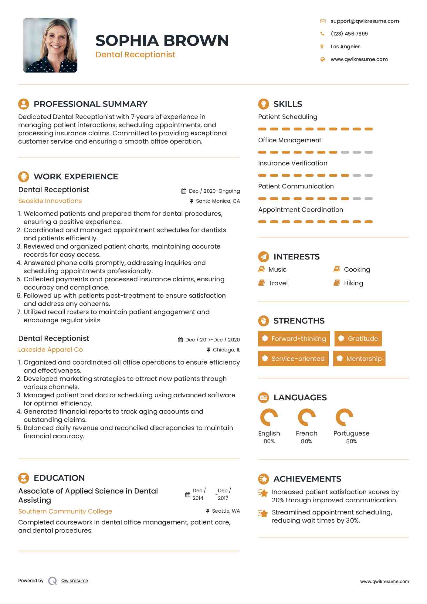 Dental Receptionist Resume Samples QwikResume