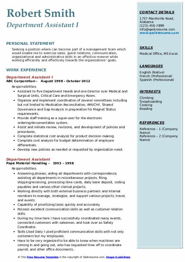 Department Assistant Resume Samples | Qwikresume