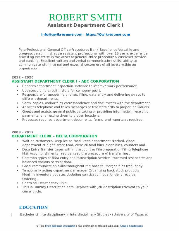 Department Clerk Resume Samples | Qwikresume