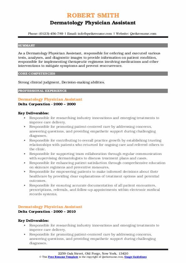 Dermatology Physician Assistant Resume Samples | QwikResume