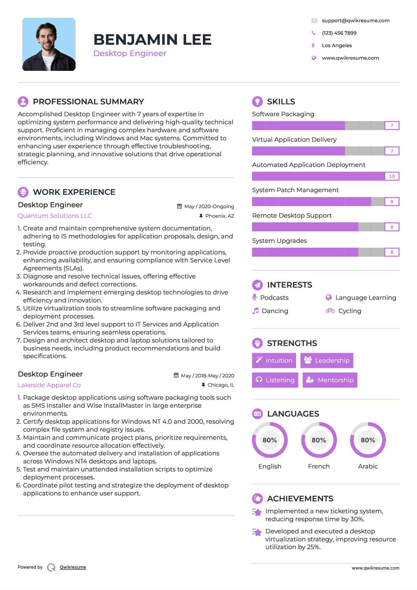 Desktop Support Engineer Resume Sample