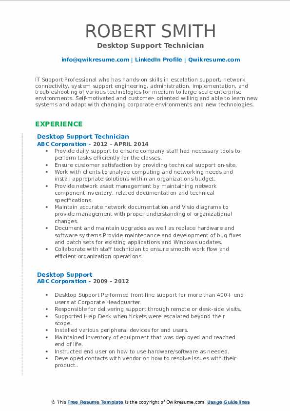 Desktop Support Resume Samples QwikResume