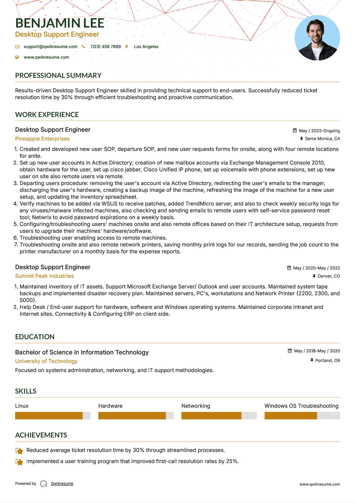 Desktop Support Engineer Resume Samples QwikResume