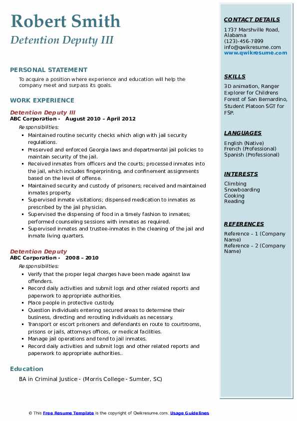 Detention Deputy Resume Samples | QwikResume