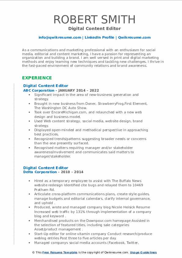 Digital Content Editor Resume Samples | QwikResume