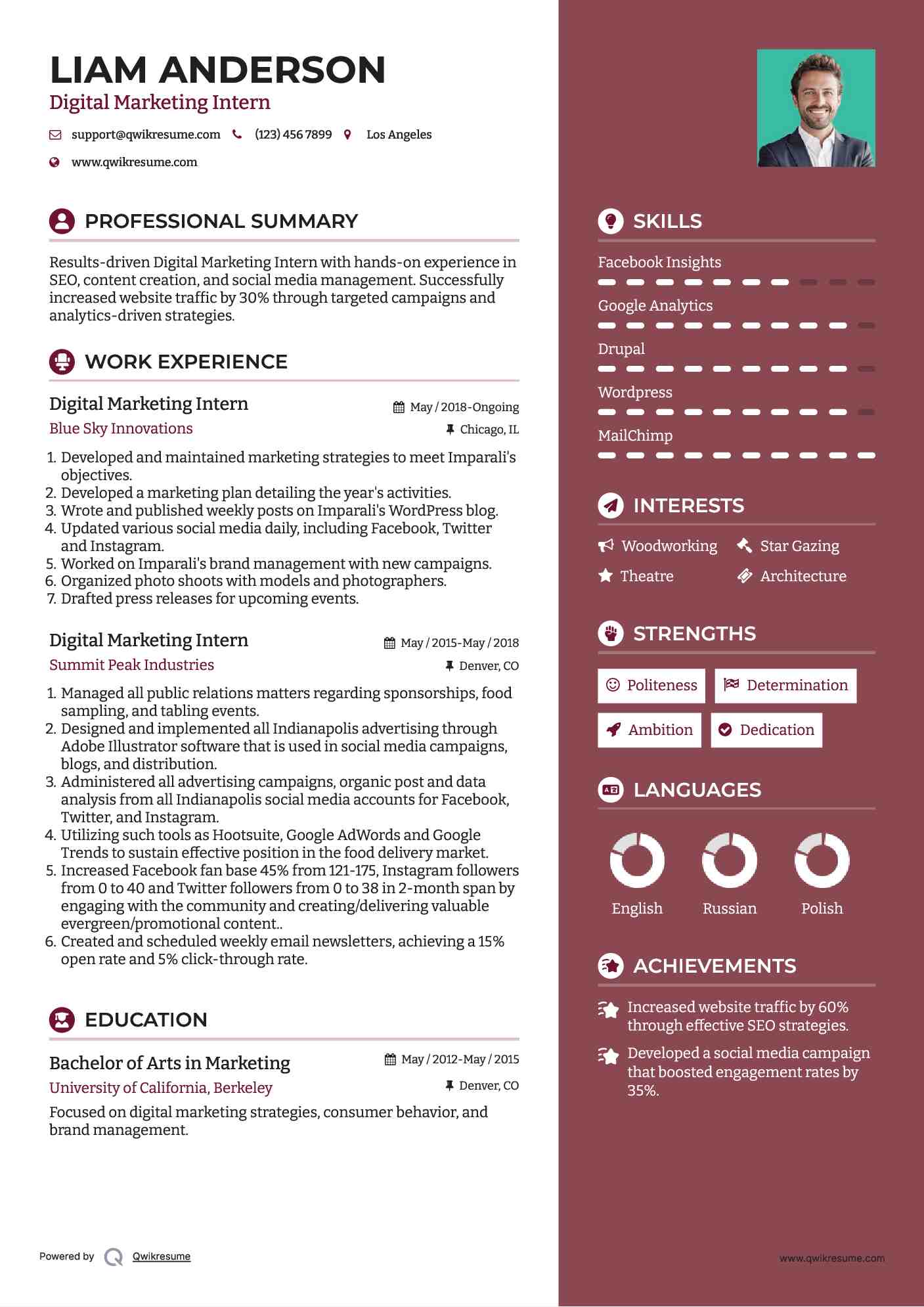 Digital Marketing Intern Resume Samples QwikResume