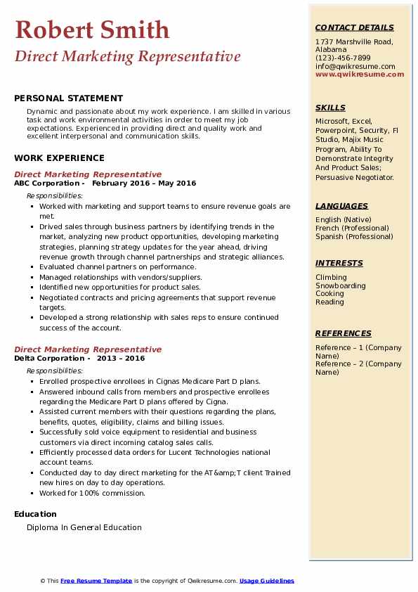 Direct Marketing Representative Resume Samples | QwikResume
