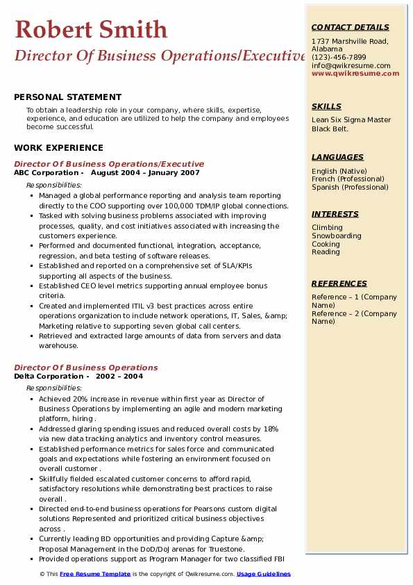 Director Of Business Operations Resume Samples QwikResume