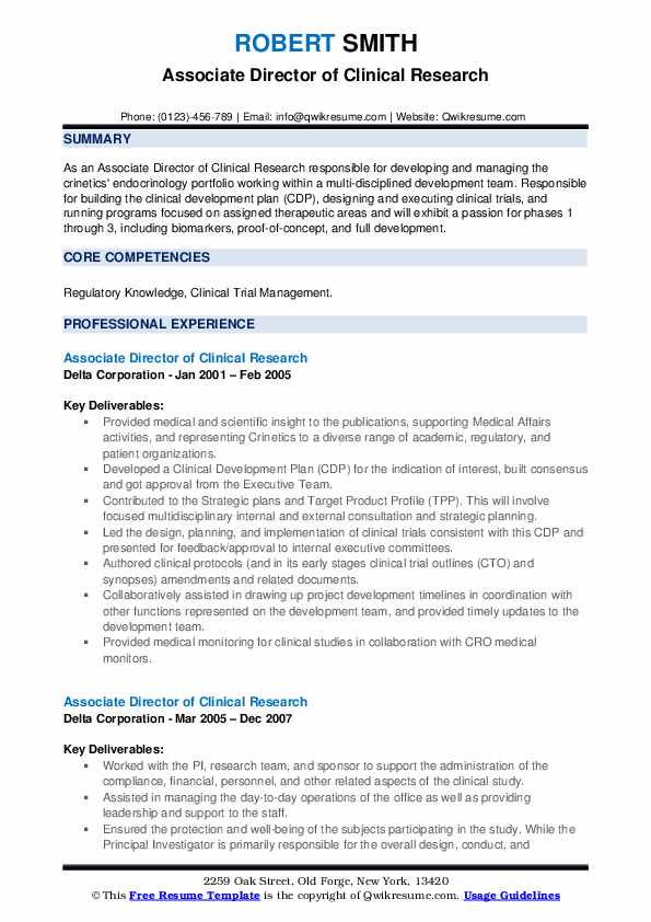 Director Of Clinical Research Resume Samples | QwikResume