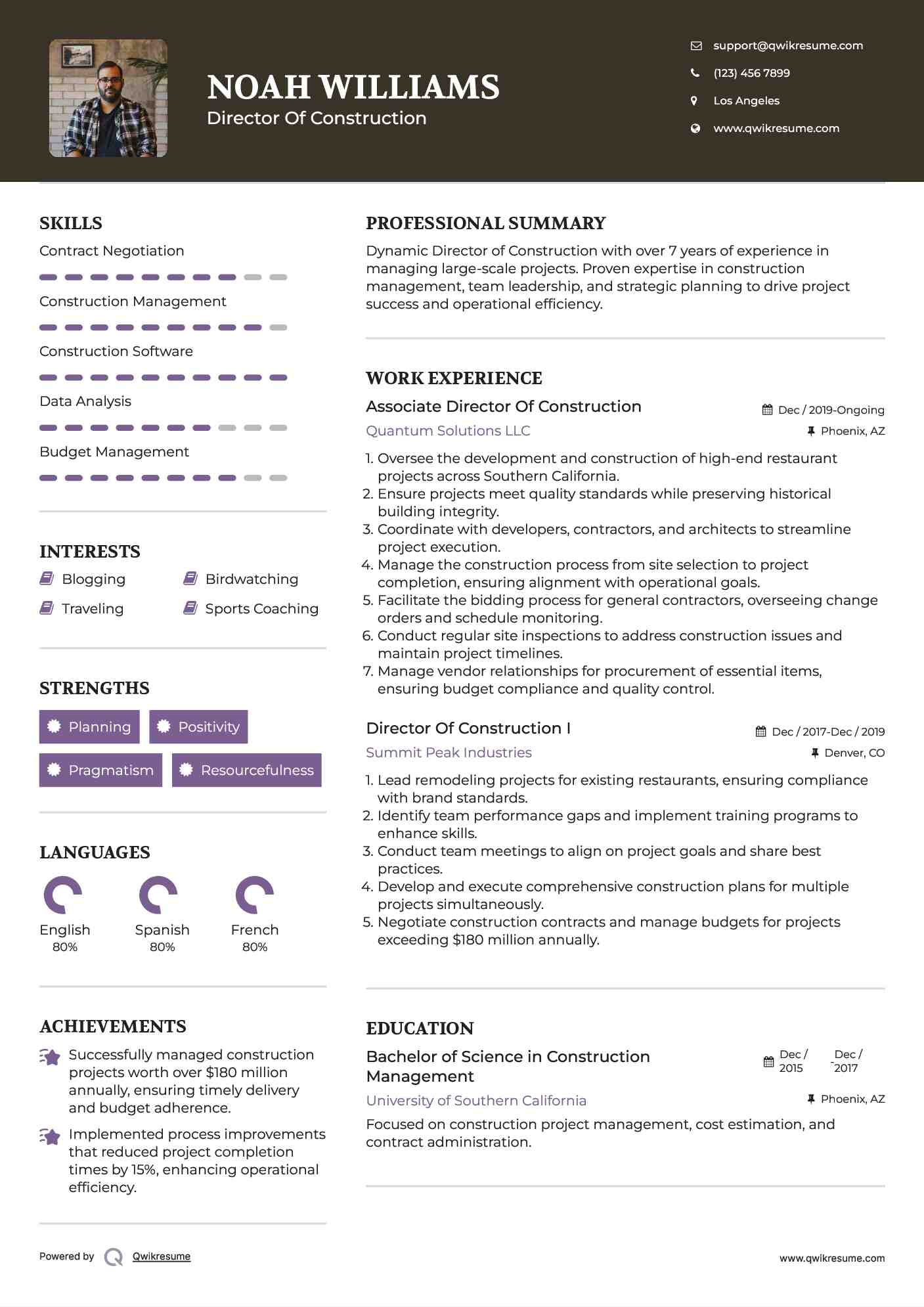 Director Of Construction Resume Samples QwikResume