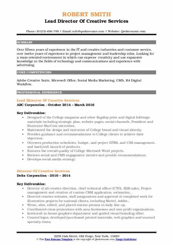 Director Of Creative Services Resume Samples | QwikResume
