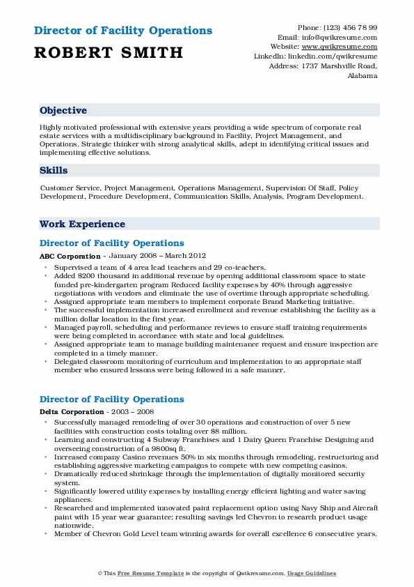 Director of Facility Operations Resume Samples | QwikResume