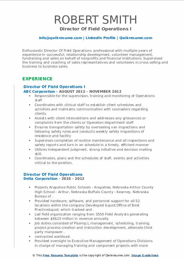 Director Of Field Operations Resume Samples | QwikResume