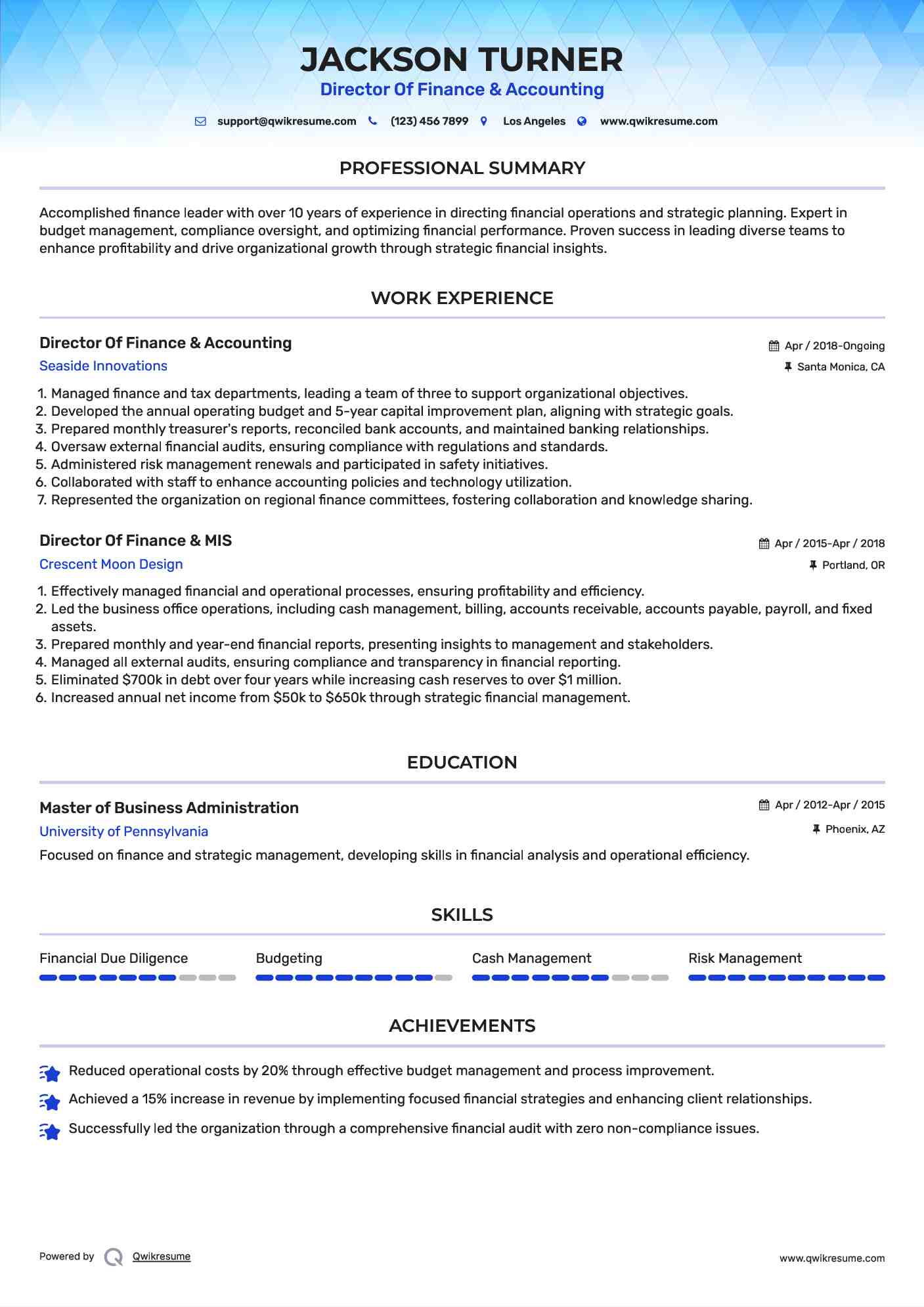 Director Of Finance Resume Samples QwikResume