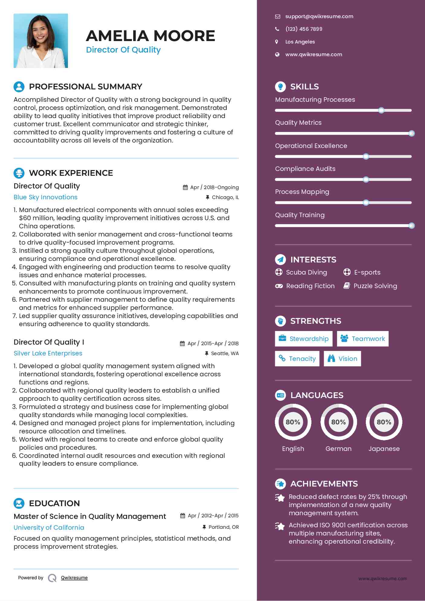 Director Of Quality Resume Samples QwikResume