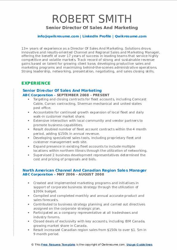 Director Of Sales And Marketing Resume Samples | QwikResume