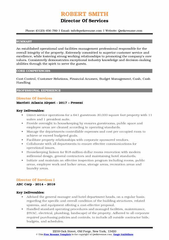 Director of Services Resume Samples | QwikResume