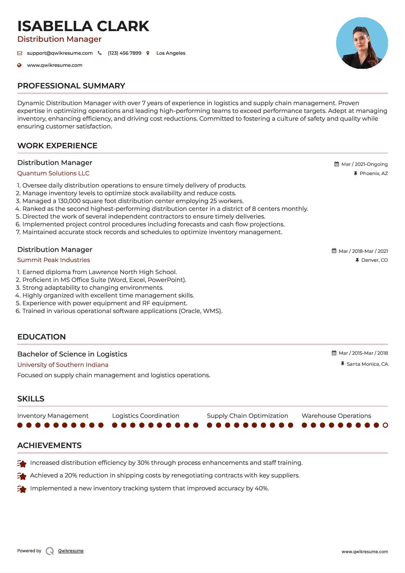 Distribution Manager Resume Samples QwikResume
