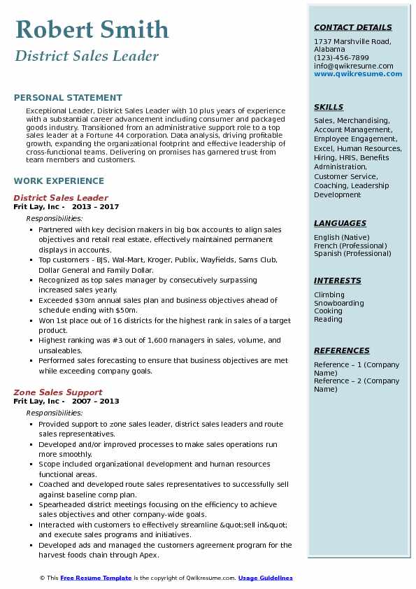 District Sales Leader Resume Samples QwikResume