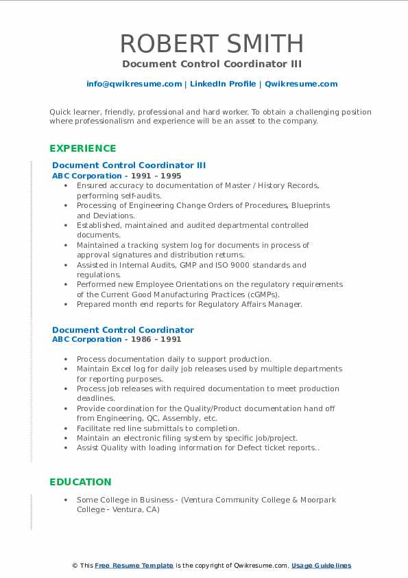Document Controller Resume Sample