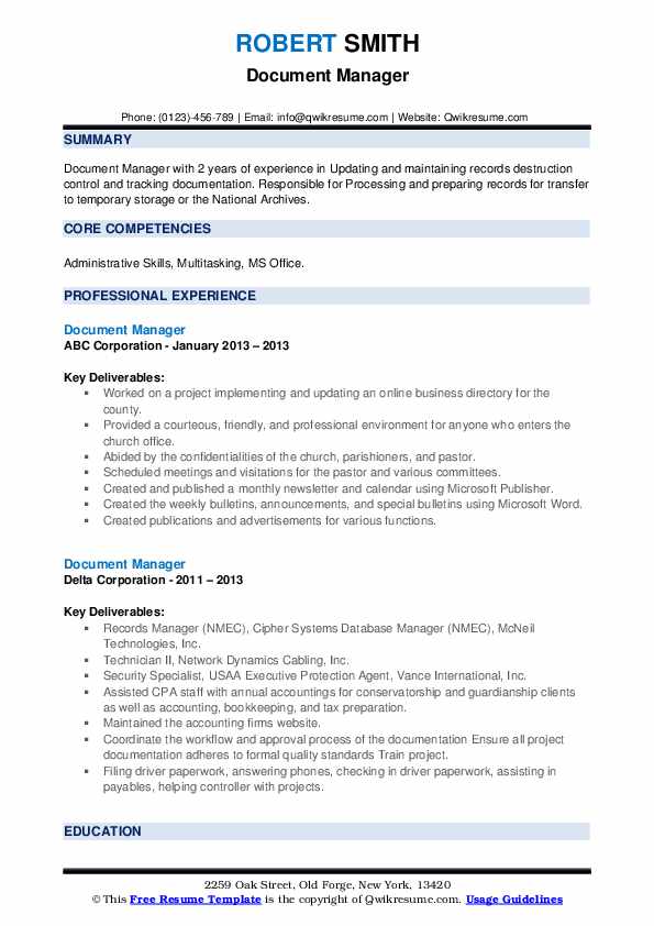 Document Manager Resume Samples | QwikResume