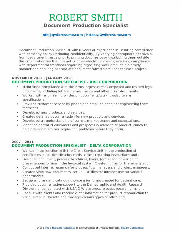 Document Production Specialist Resume Samples | QwikResume