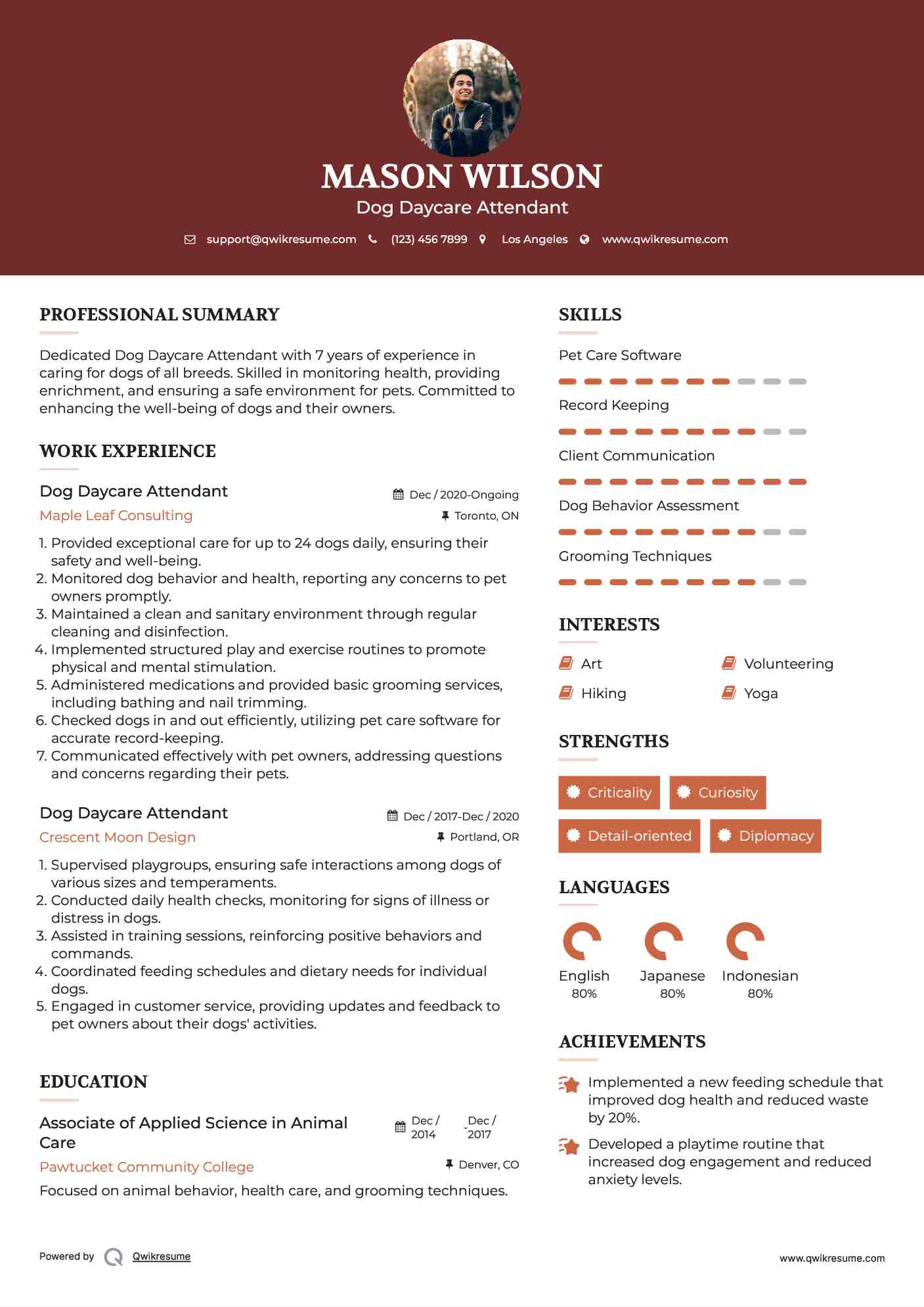 Dog Daycare Attendant Resume Samples QwikResume