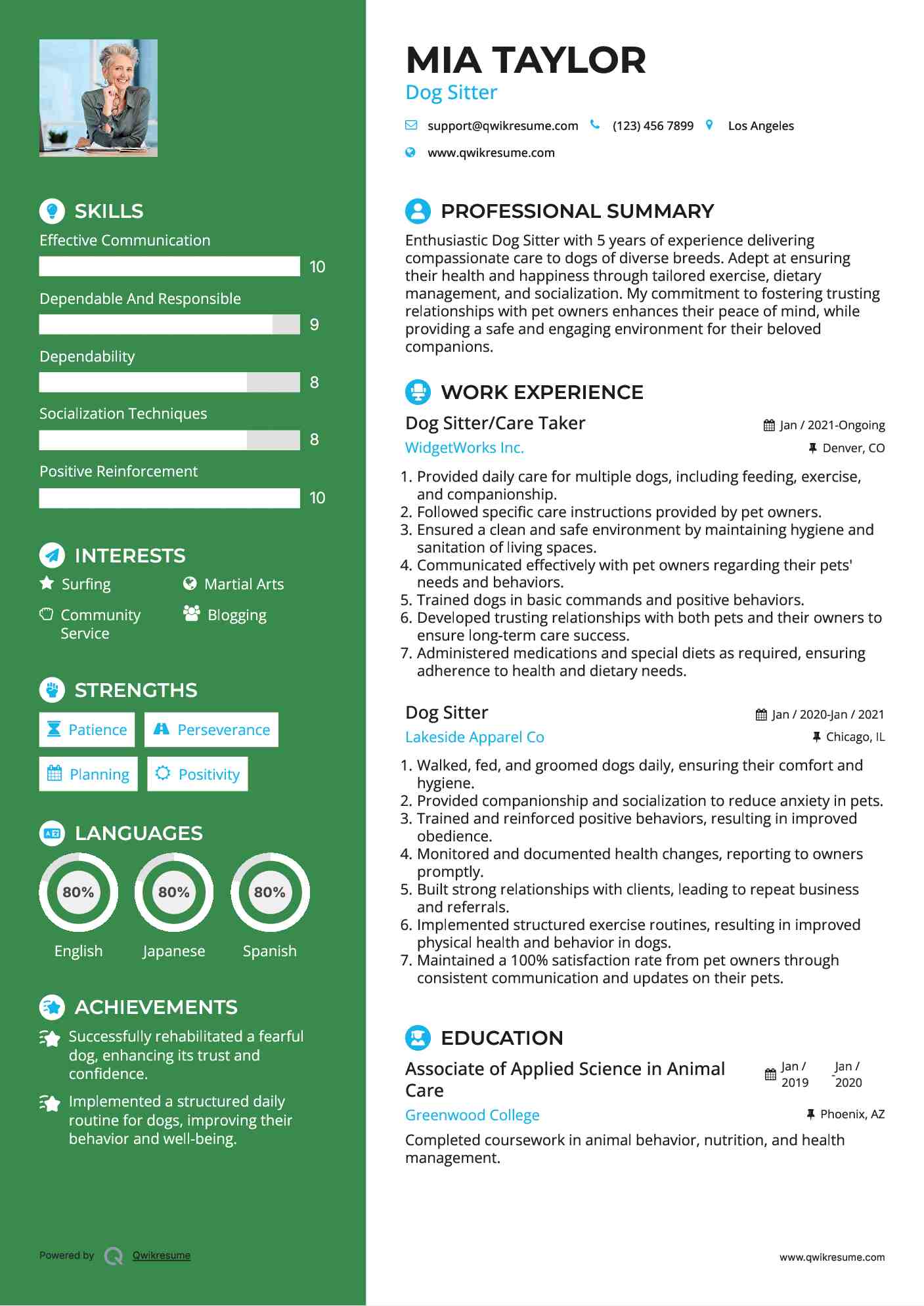 Dog Sitter Resume Samples QwikResume