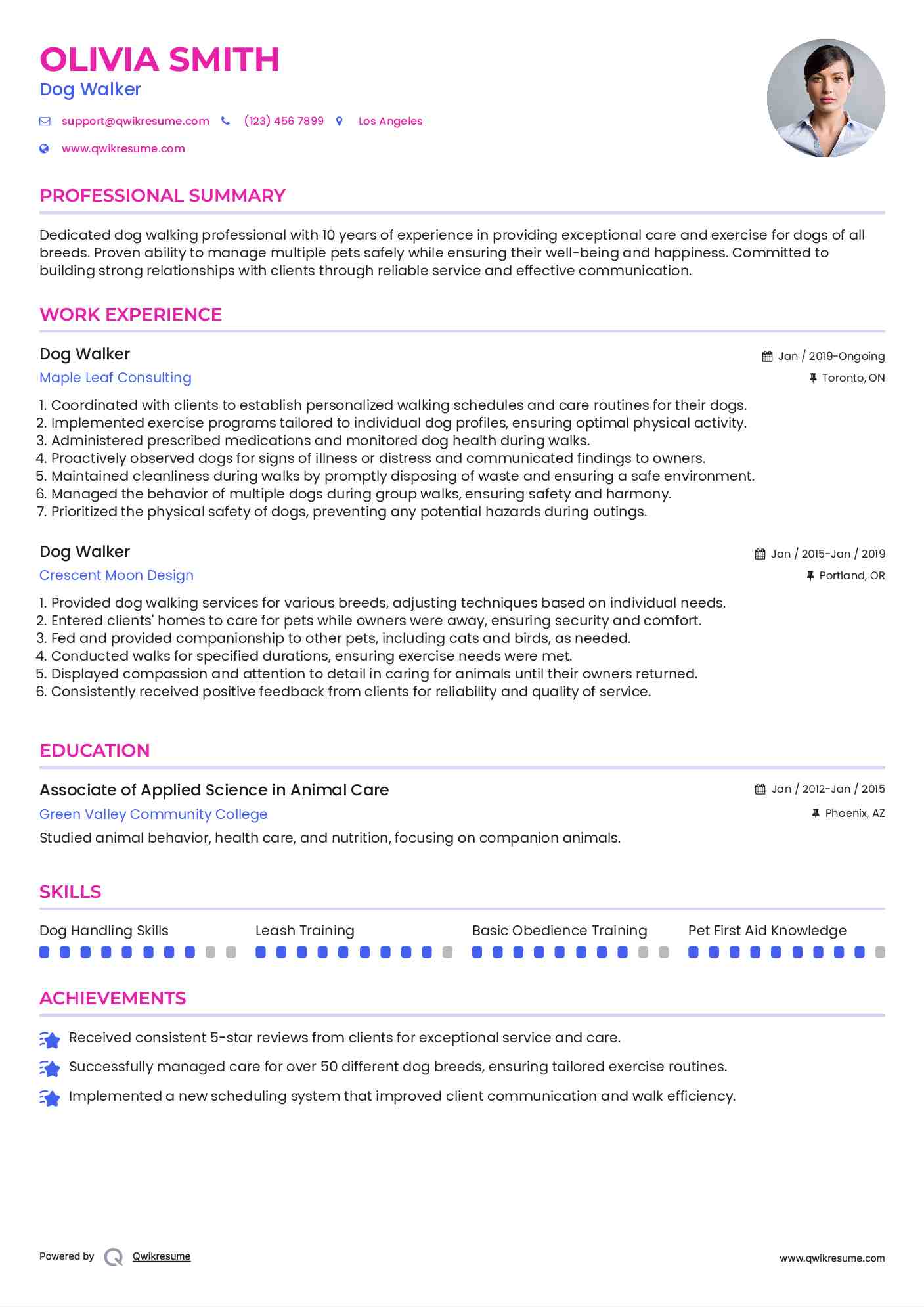 Dog Walker Resume Samples QwikResume