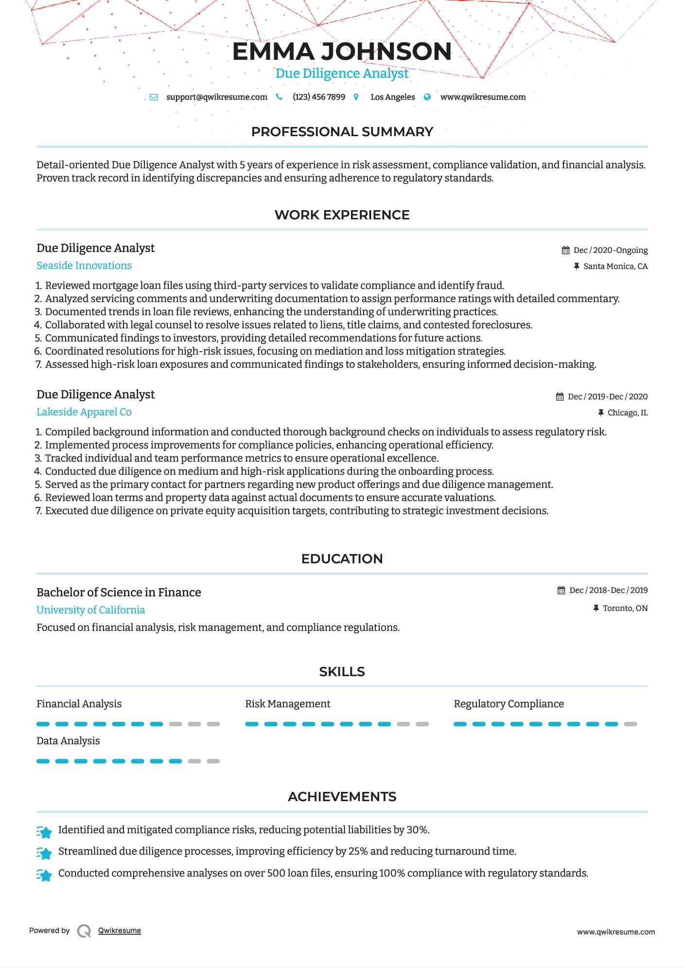 Due Diligence Analyst Resume Samples | QwikResume