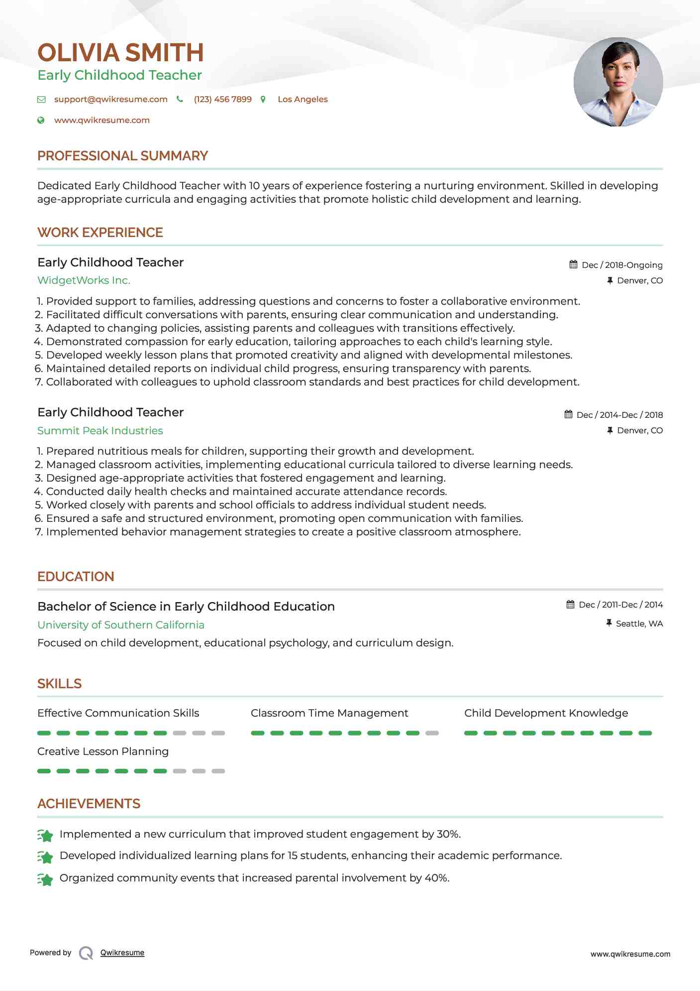 Early Childhood Teacher Resume Samples QwikResume