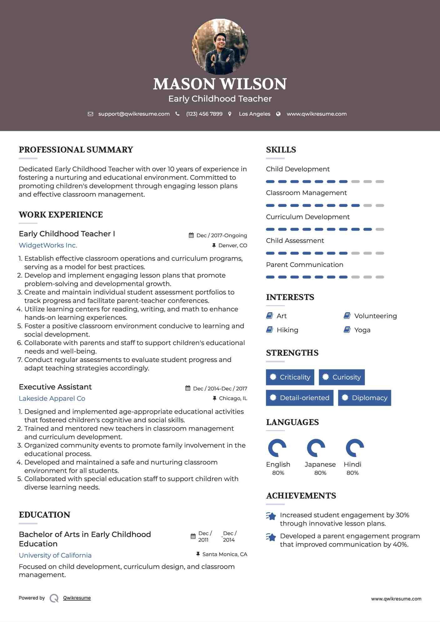 Early Childhood Teacher Resume Samples QwikResume