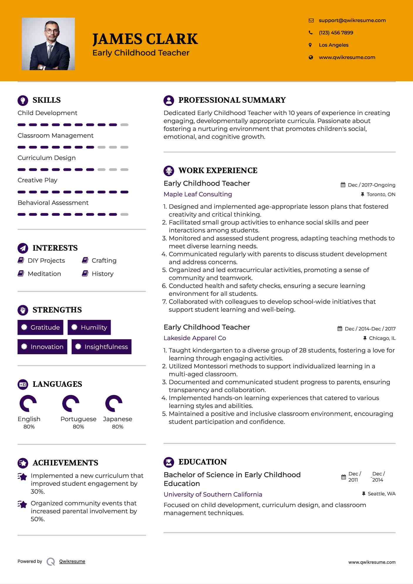 Early Childhood Teacher Resume Samples QwikResume