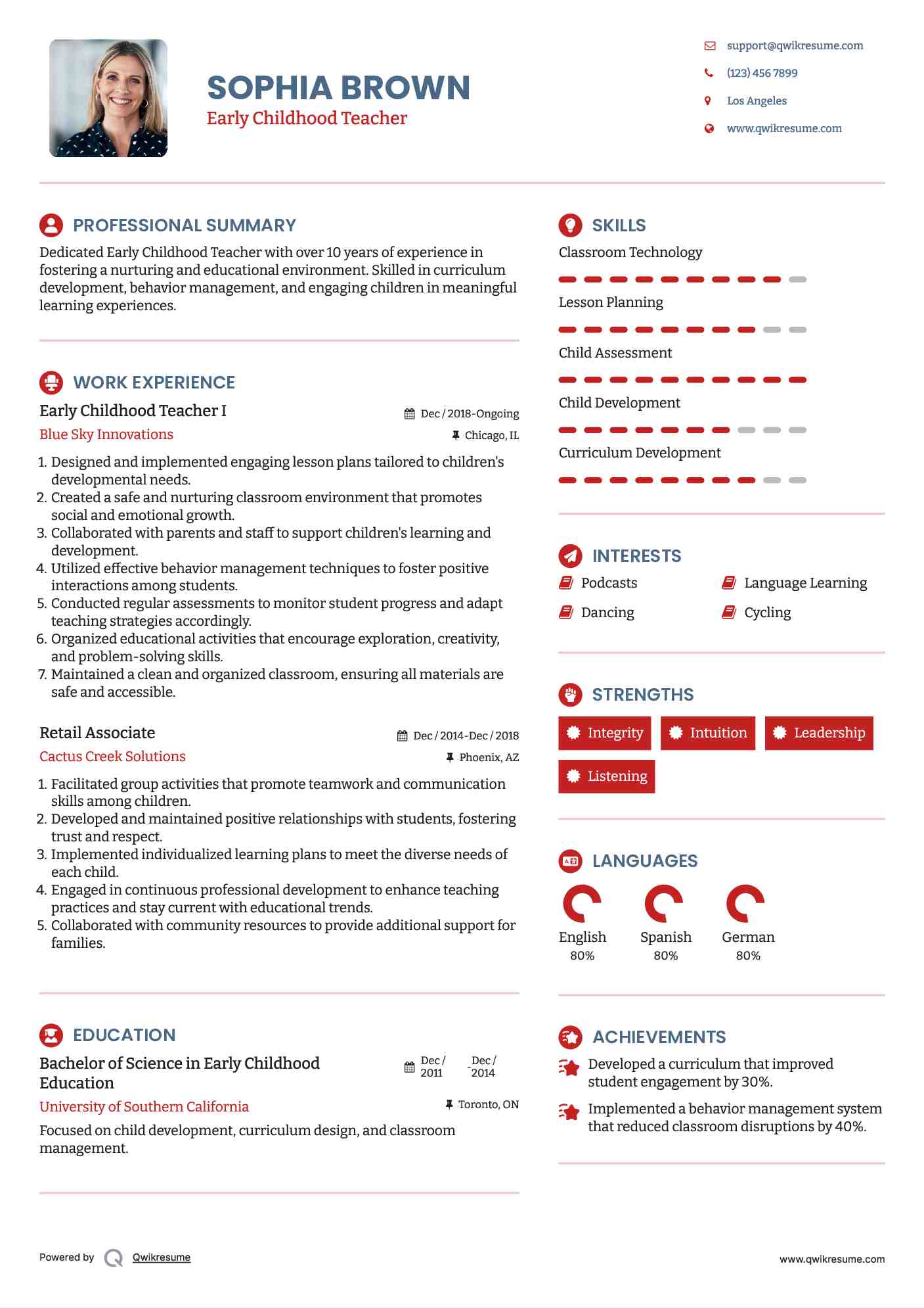 Early Childhood Teacher Resume Samples QwikResume