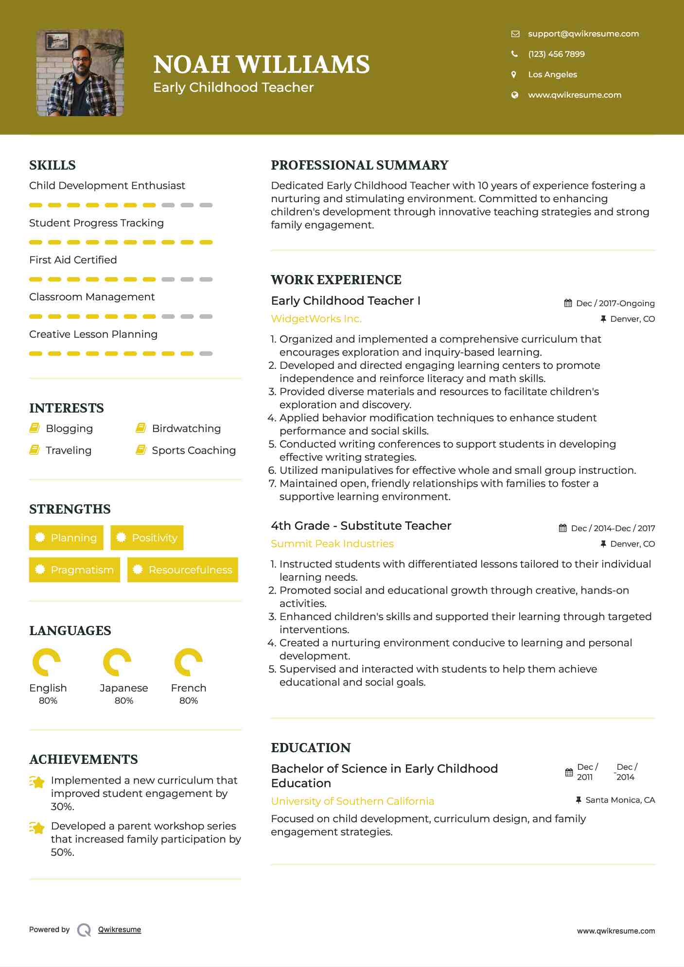 Early Childhood Teacher Resume Samples QwikResume