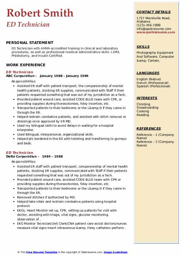 ED Technician Resume Samples | QwikResume