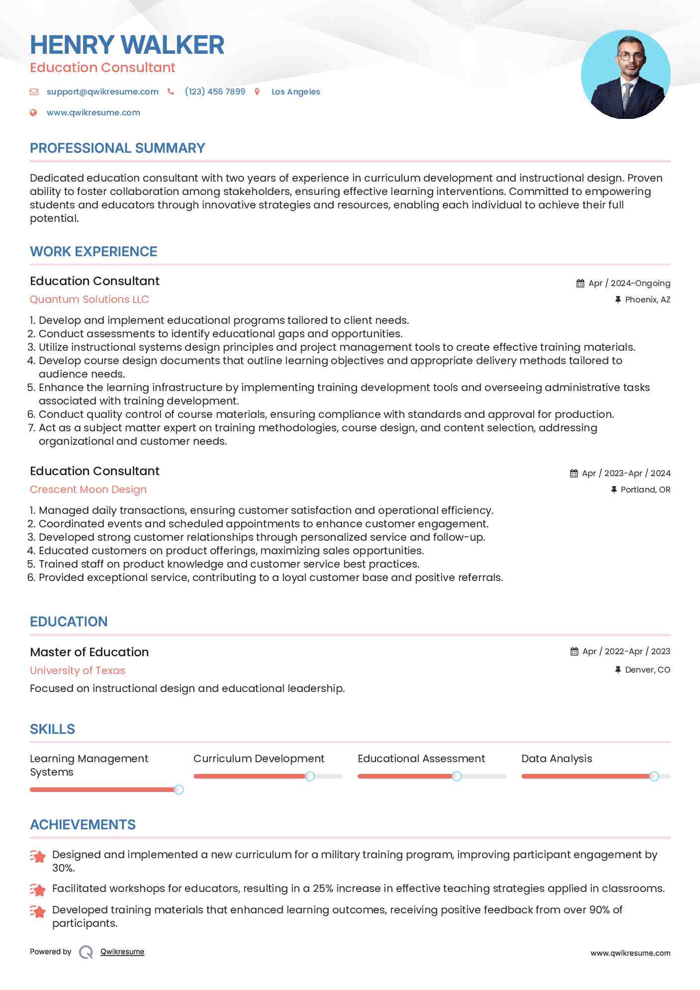 Education Consultant Resume Samples QwikResume