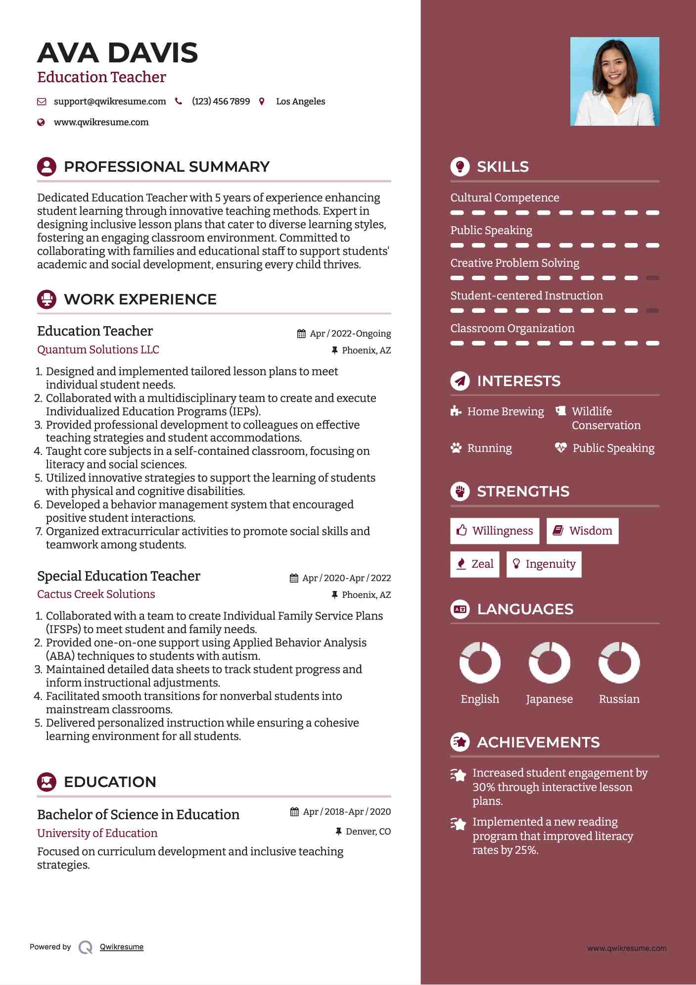 Education Teacher Resume Samples QwikResume