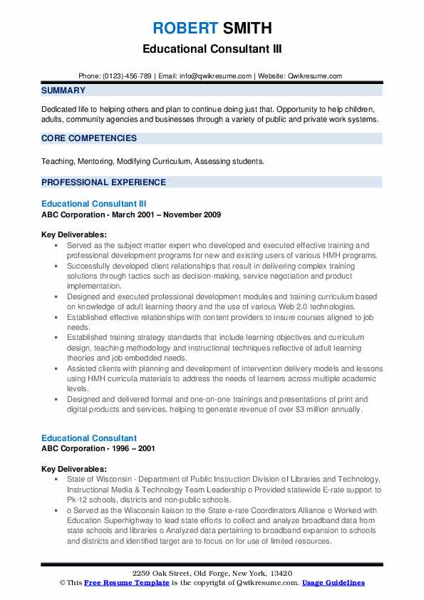 Educational Consultant Resume Samples QwikResume