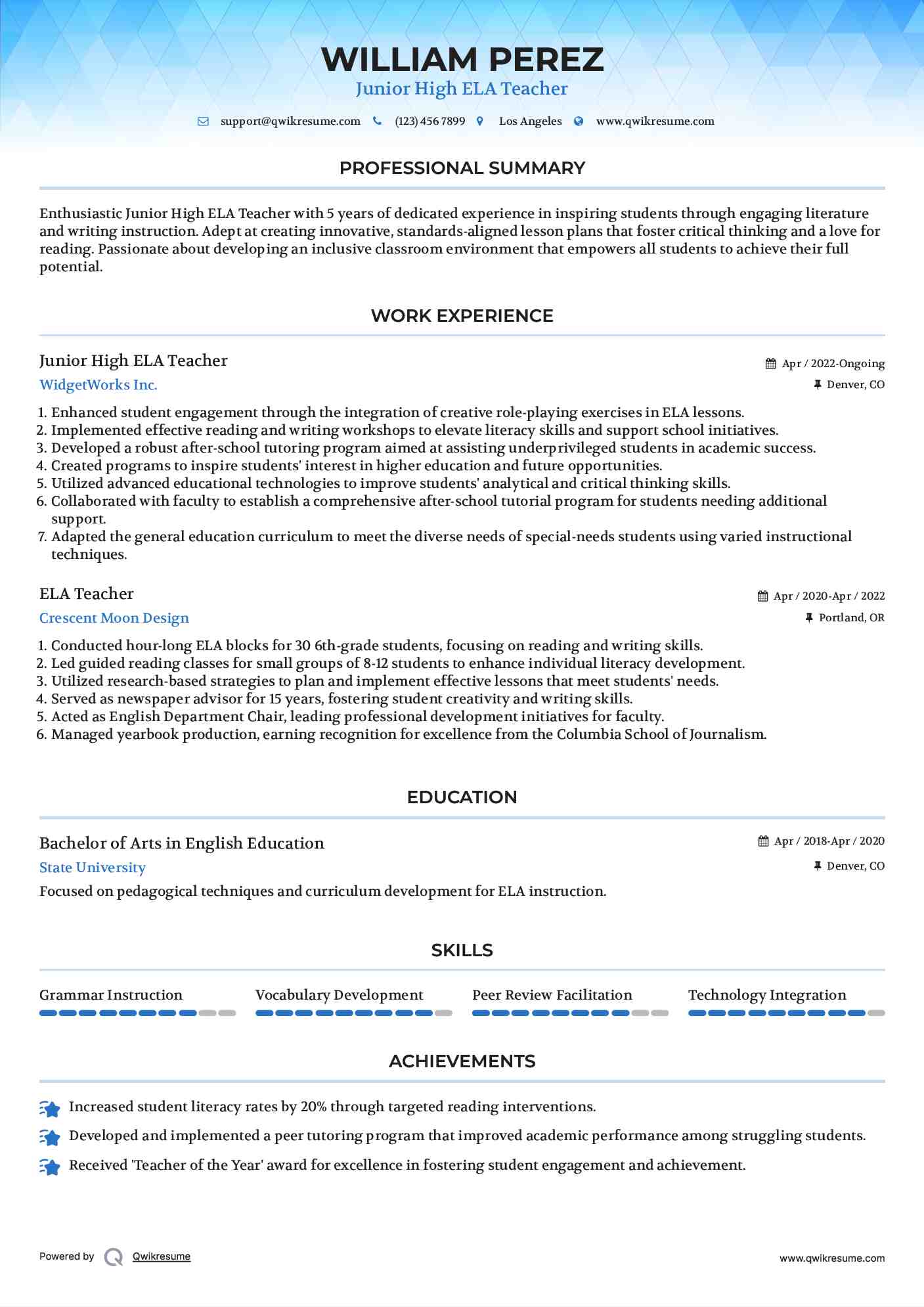 ELA Teacher Resume Samples QwikResume