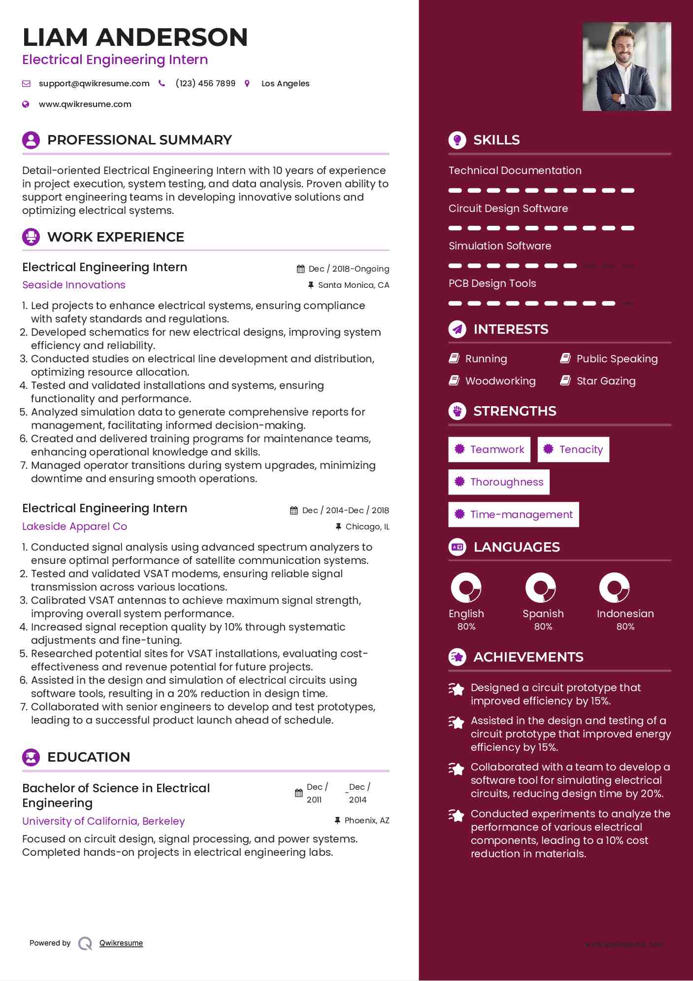 Electrical Engineering Intern Resume Samples QwikResume