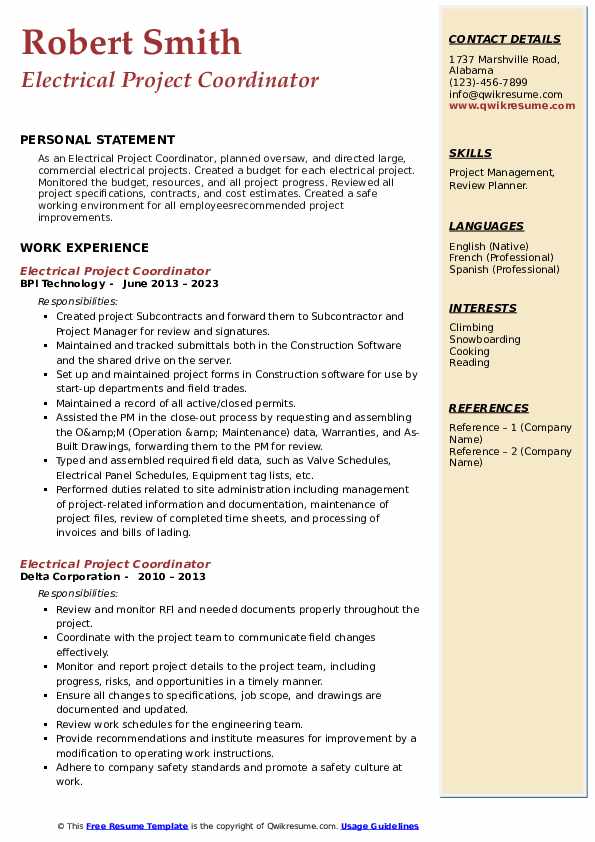 Electrical Project Coordinator Resume Samples | QwikResume