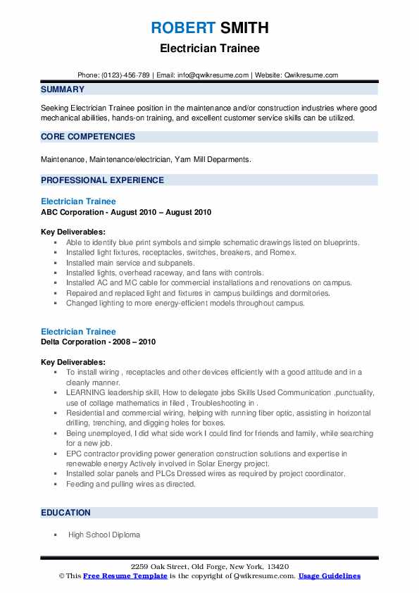 Electrician Trainee Resume Samples | QwikResume