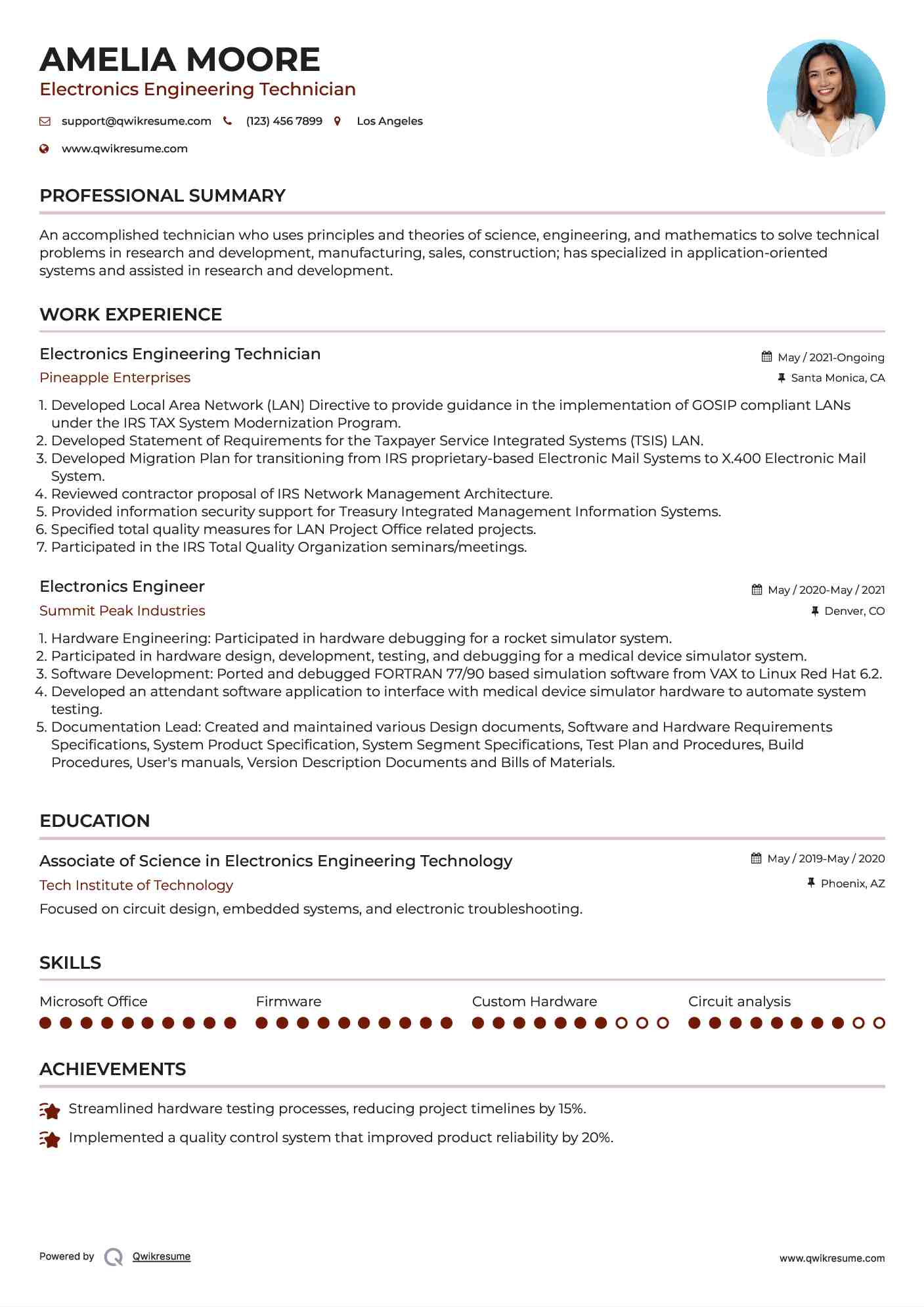 Electronics Resume Sample
