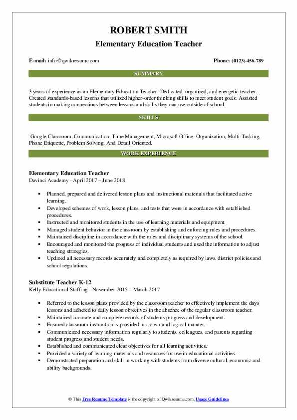 Elementary Education Teacher Resume Samples | QwikResume