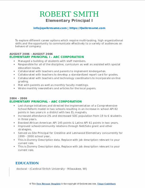Elementary Principal Resume Samples QwikResume