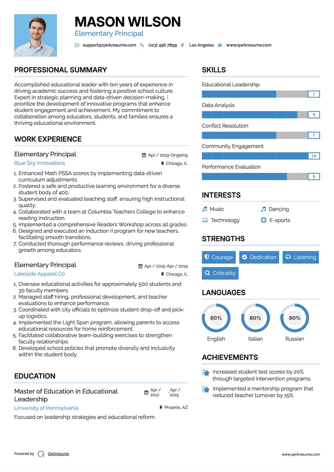 Elementary Principal Resume Samples QwikResume