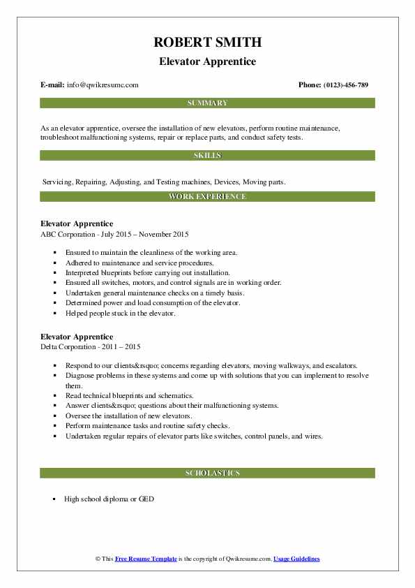 Elevator Apprentice Resume Samples | QwikResume