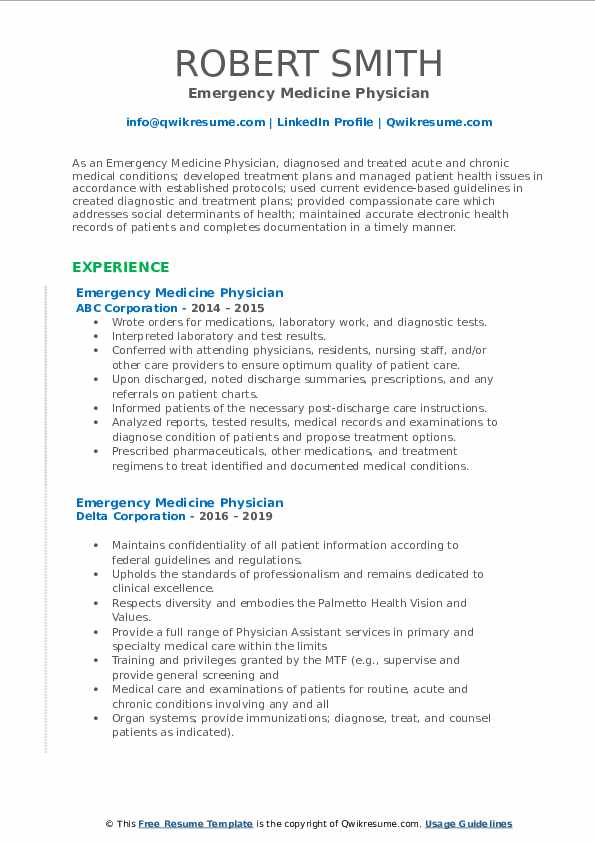Emergency Medicine Physician Resume Samples Qwikresume