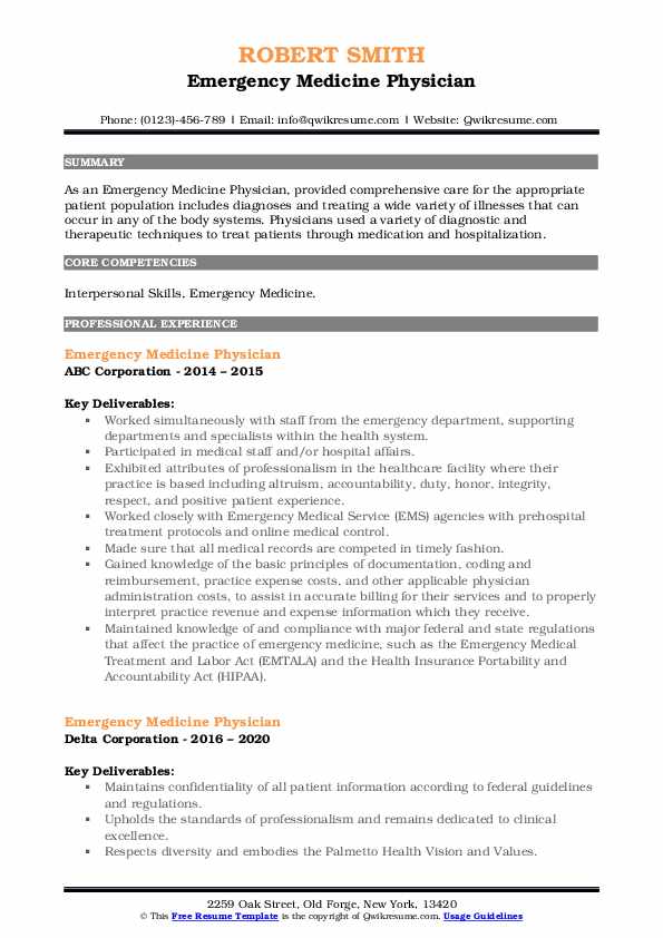 Emergency Medicine Physician Resume Samples Qwikresume